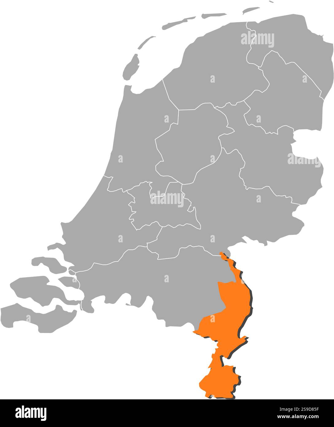 Map of Netherlands with the provinces, Limburg is highlighted by orange ...