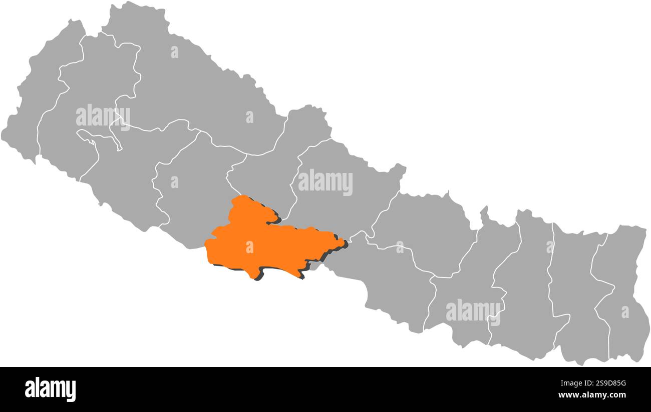 Map of Nepal with the provinces, Lumbini is highlighted by orange Stock ...