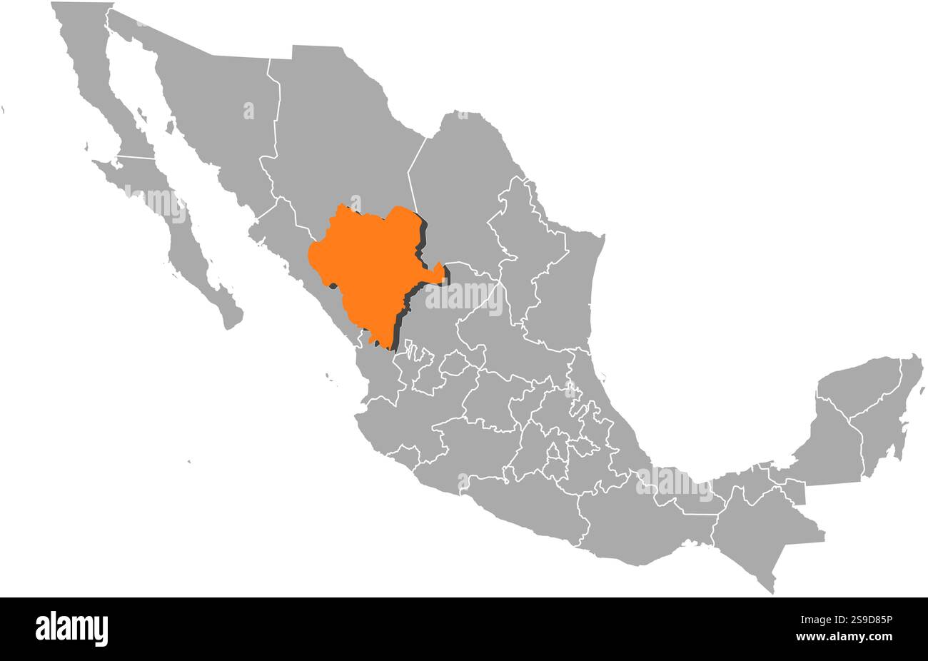 Map of Mexico with the provinces, Durango is highlighted by orange ...