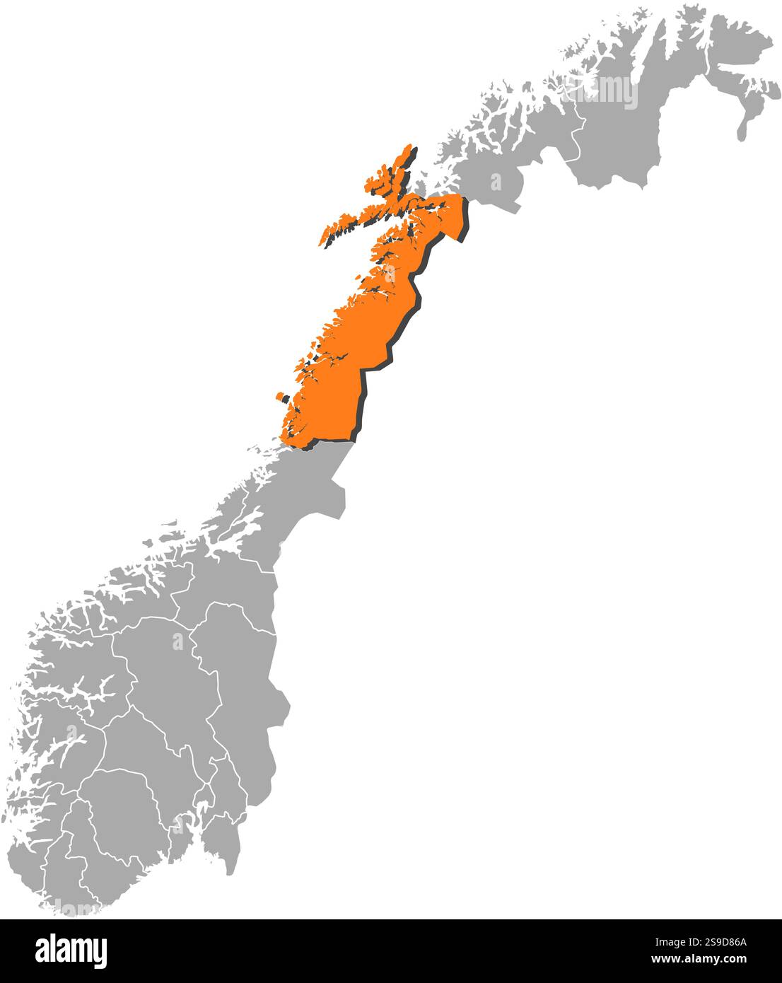 Map of Norway with the provinces, Nordland is highlighted by orange ...