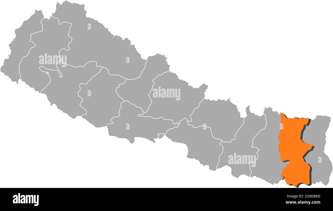 Map of Nepal with the provinces, Koshi is highlighted by orange Stock ...