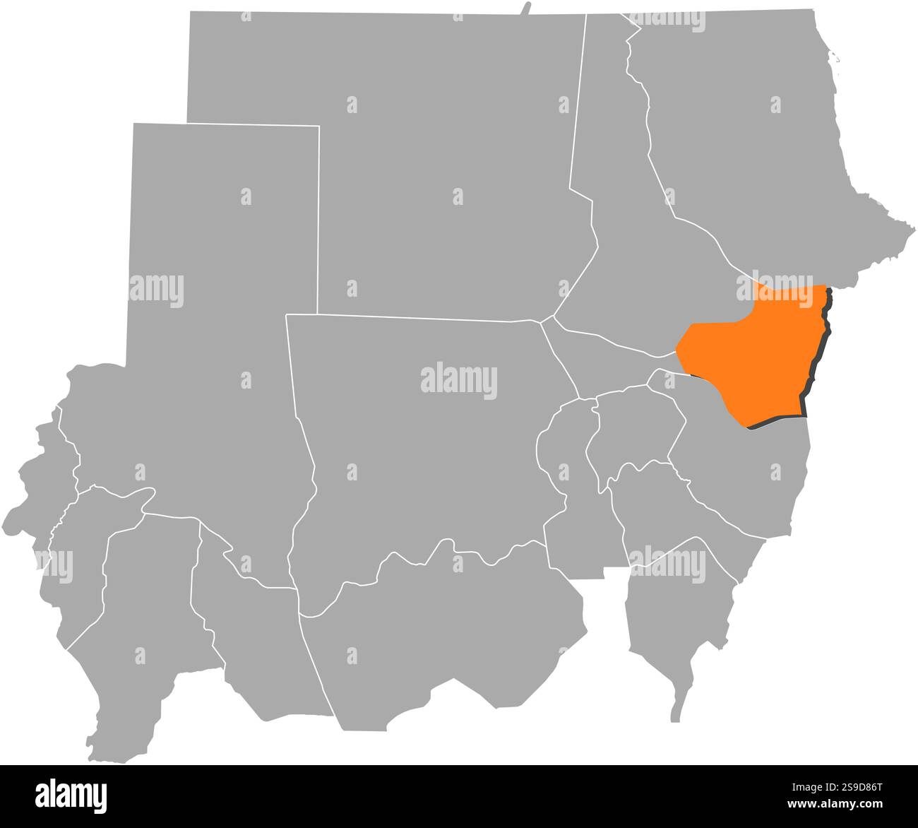 Map of Sudan with the provinces, Kassala is highlighted by orange Stock ...