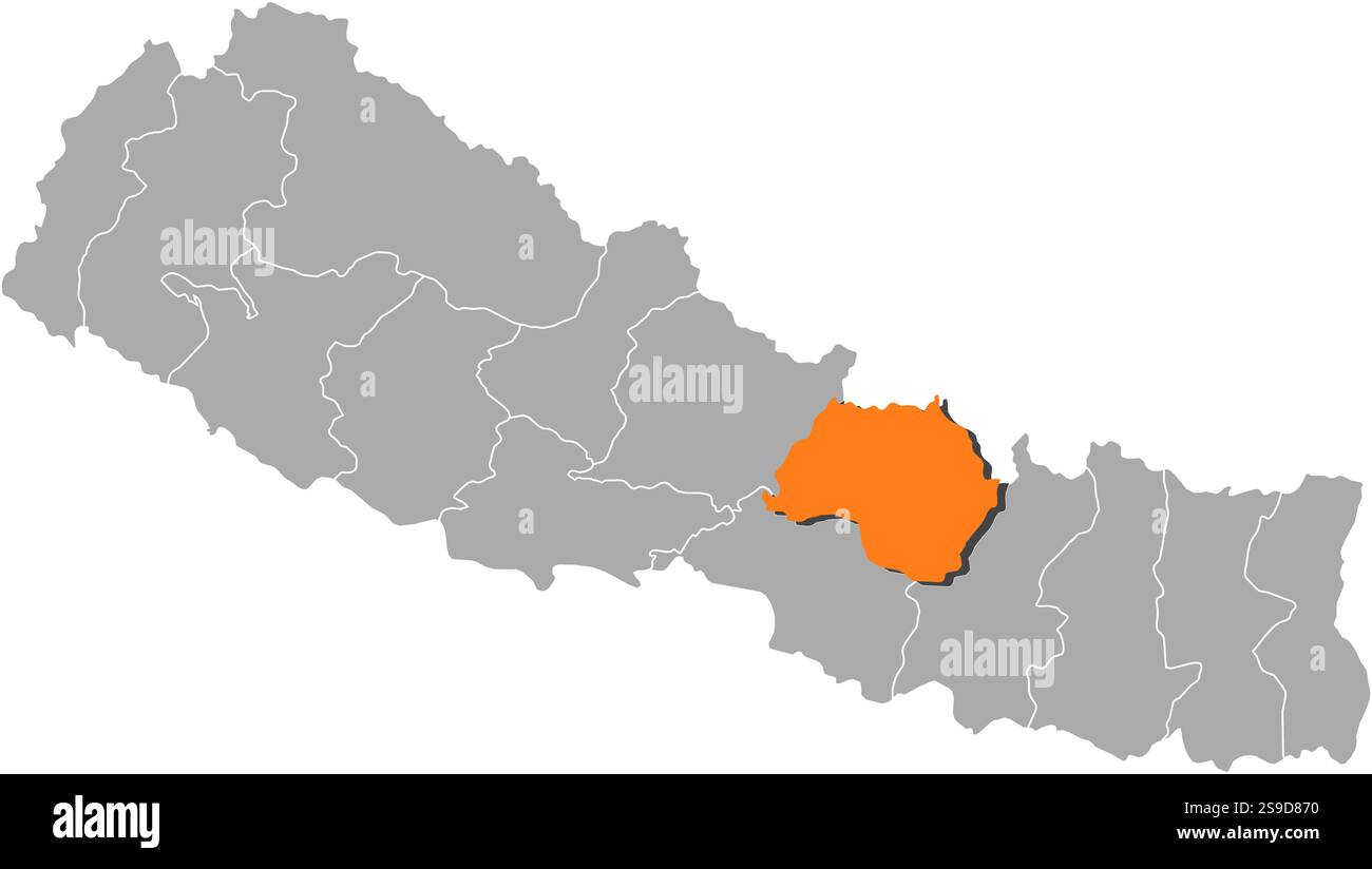 Map of Nepal with the provinces, Bagmati is highlighted by orange Stock ...