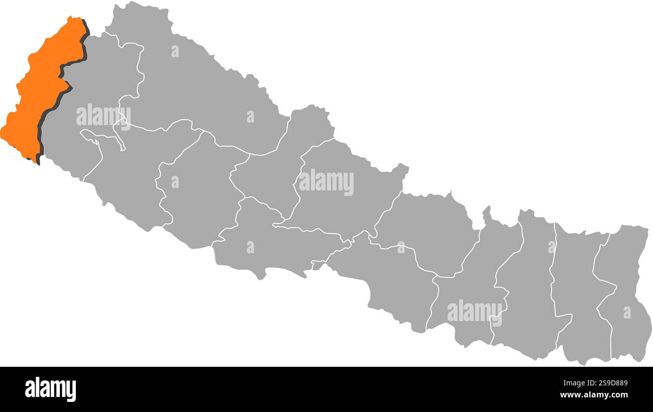 Map of Nepal with the provinces, Mahakali is highlighted by orange ...