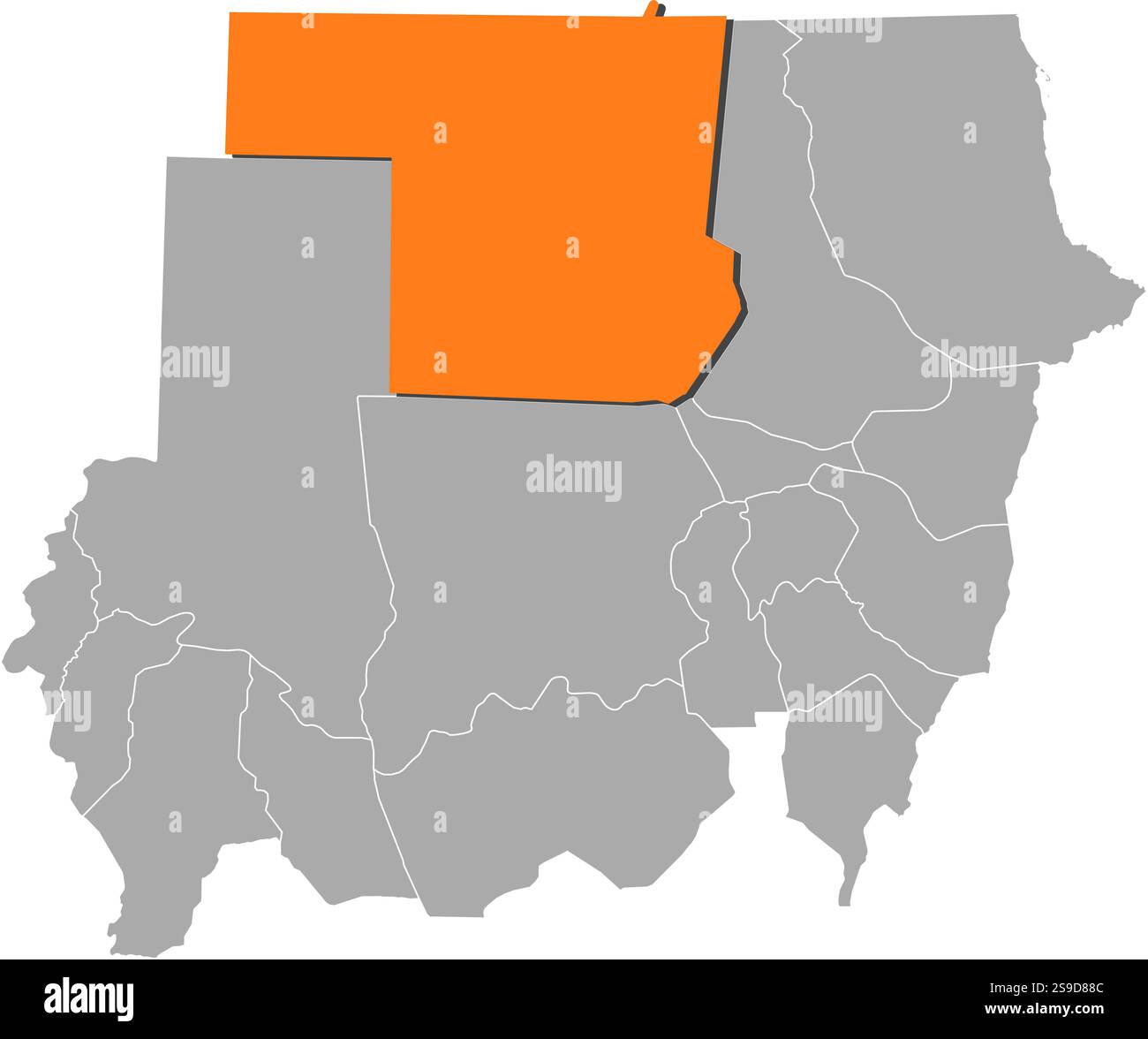Map of Sudan with the provinces, Northern is highlighted by orange ...