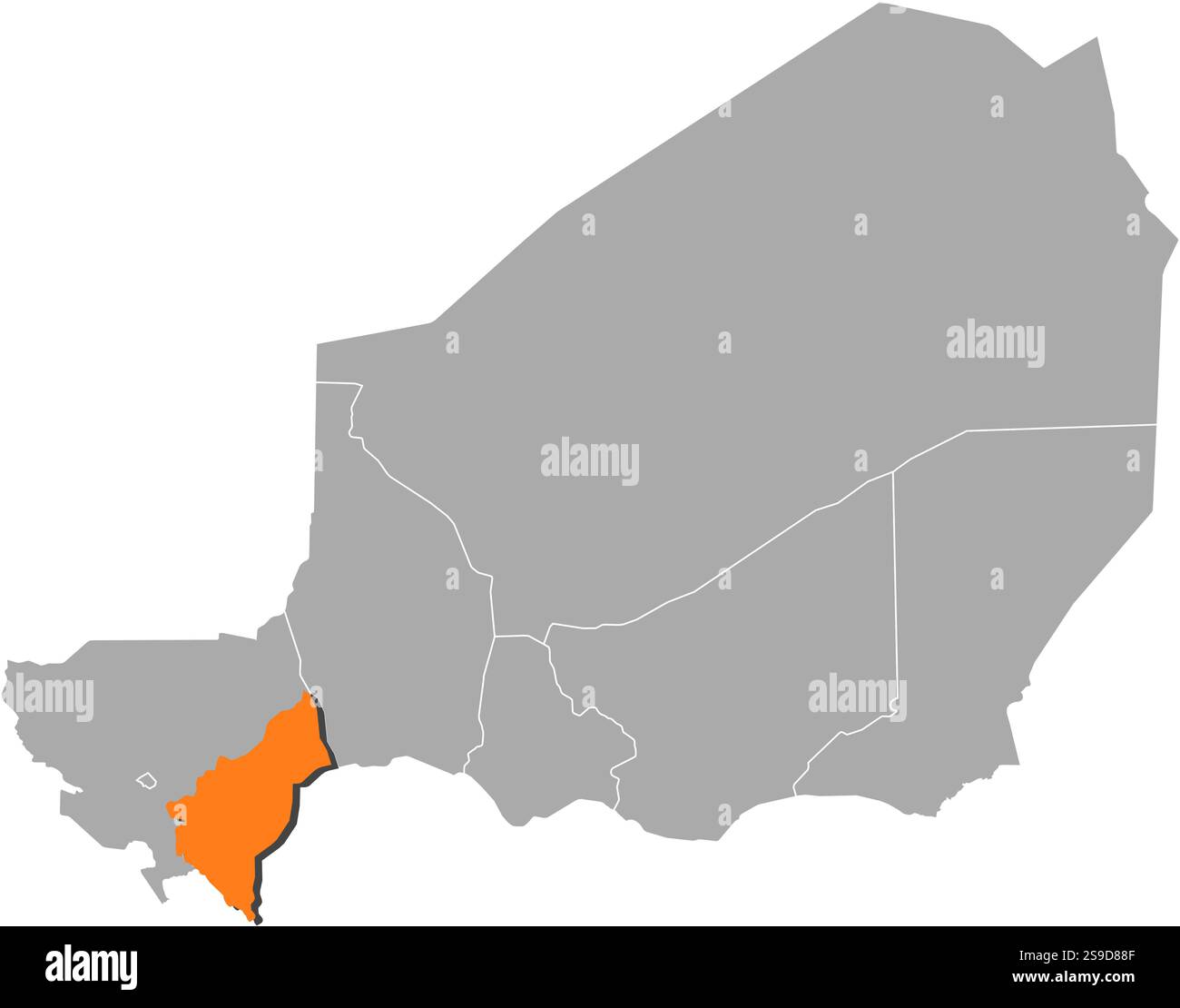 Map of Niger with the provinces, Dosso is highlighted by orange Stock ...
