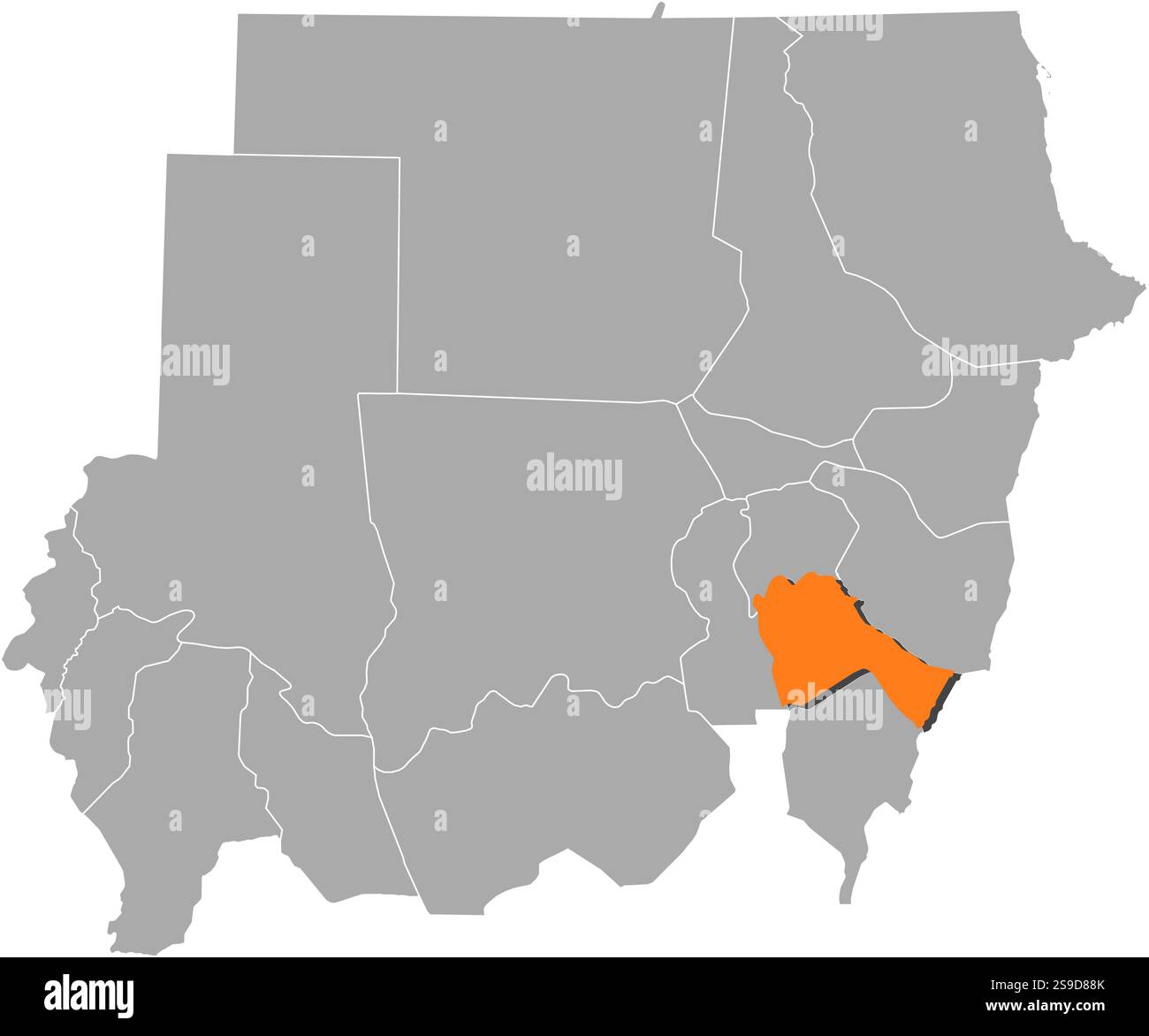 Map of Sudan with the provinces, Sennar is highlighted by orange Stock ...