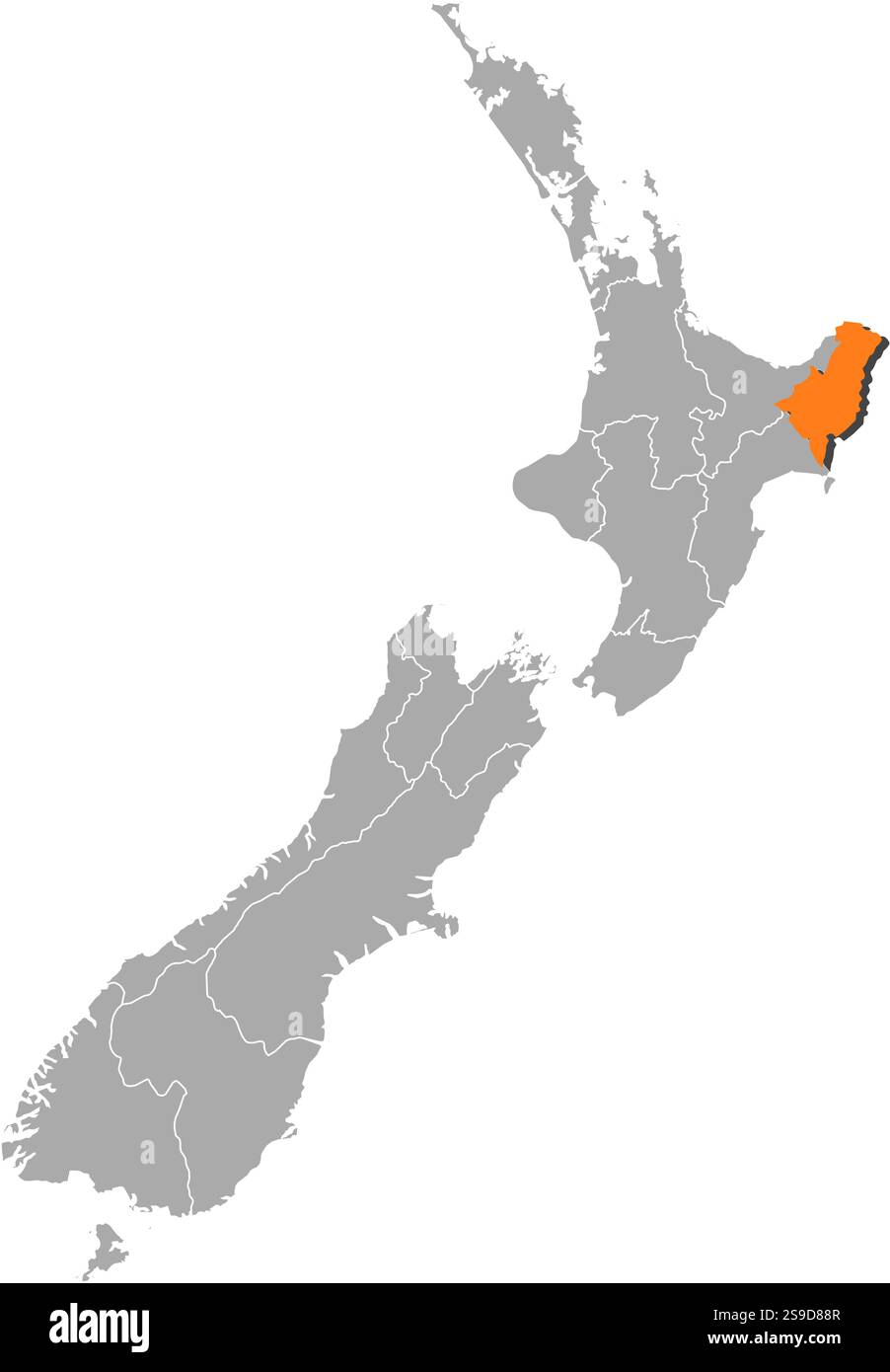 Map of New Zealand with the provinces, Gisborne is highlighted by ...