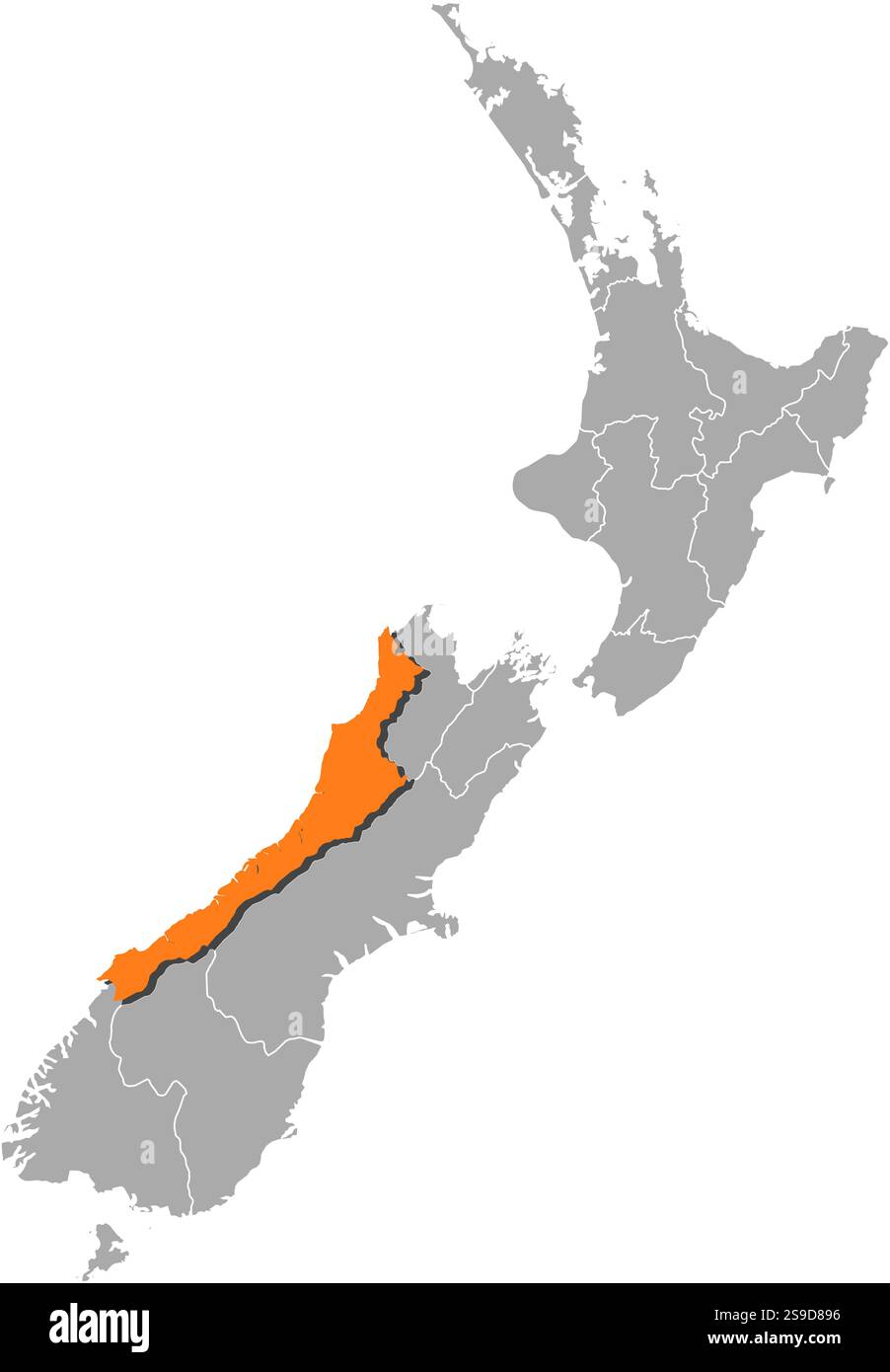 Map of New Zealand with the provinces, West Coast is highlighted by ...