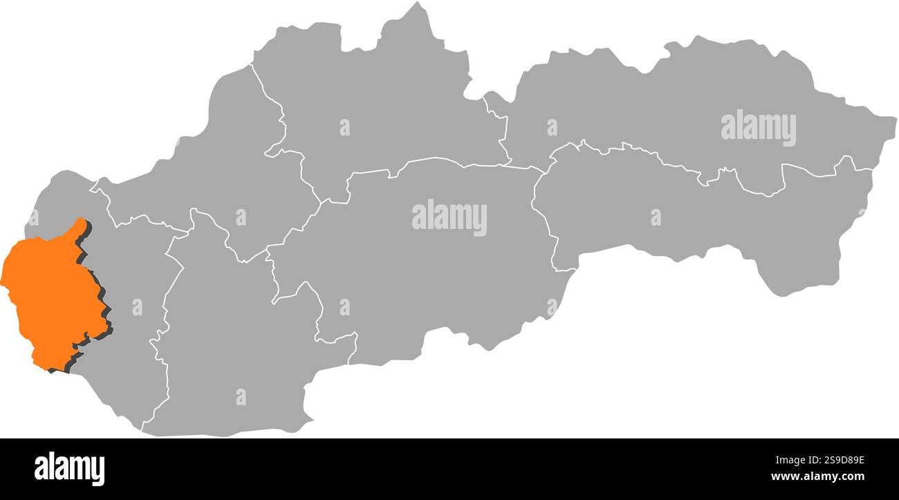 Map of Slovakia with the provinces, Bratislava is highlighted by orange ...