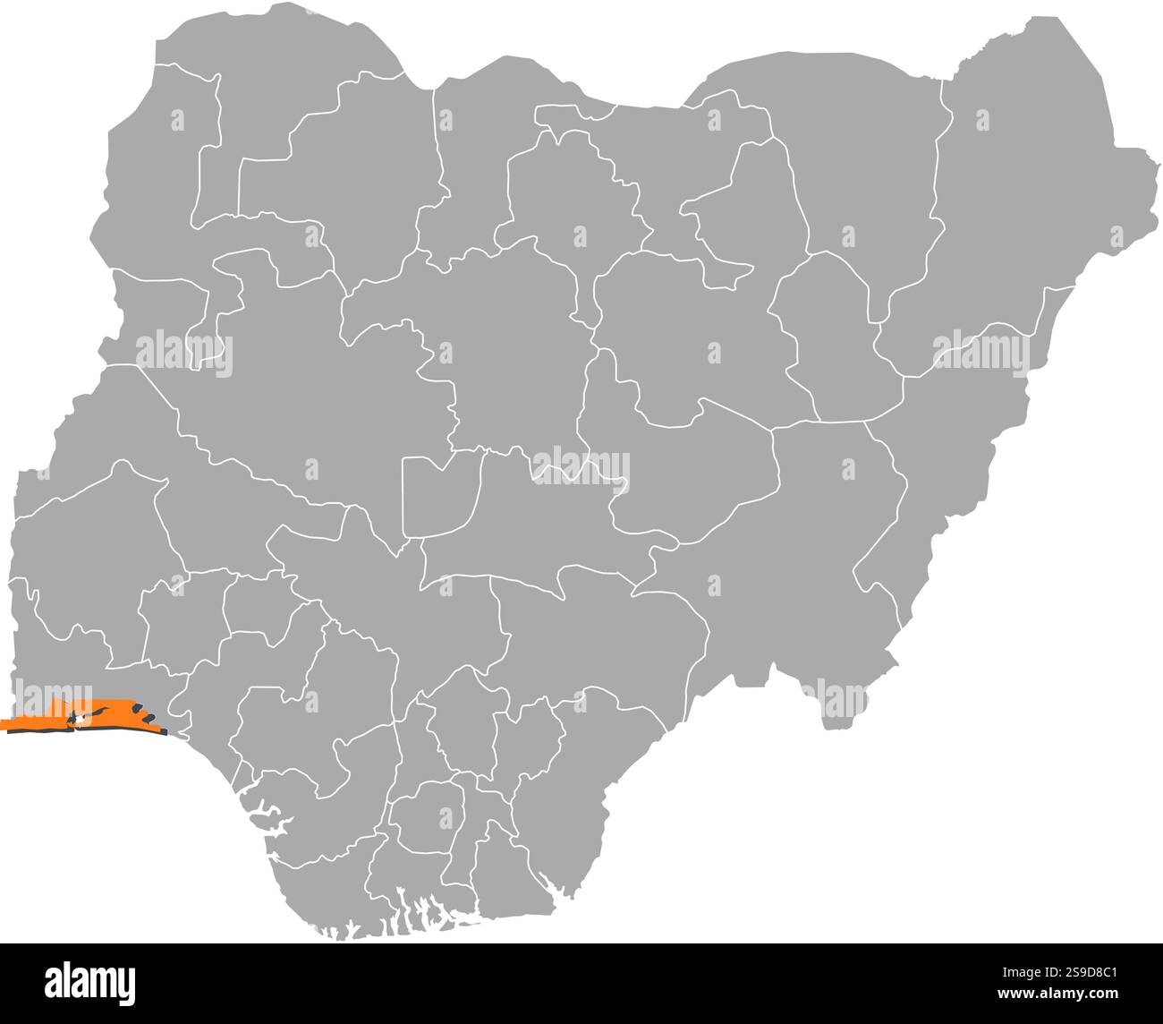 Map of Nigeria with the provinces, Lagos is highlighted by orange Stock ...