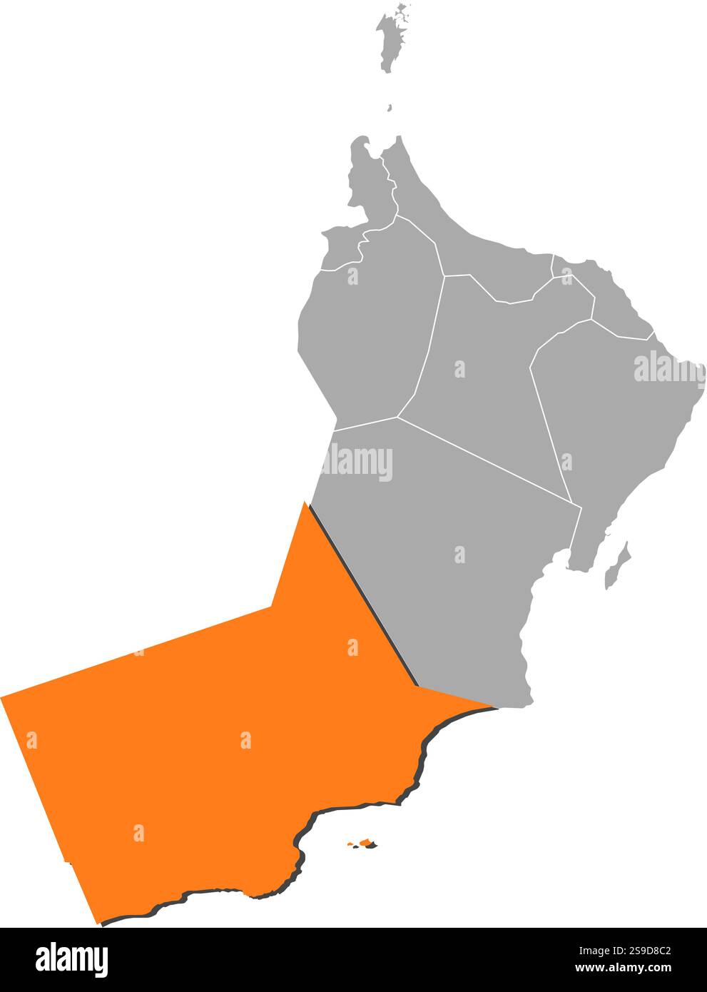 Map of Oman with the provinces, Dhofar is highlighted by orange Stock ...
