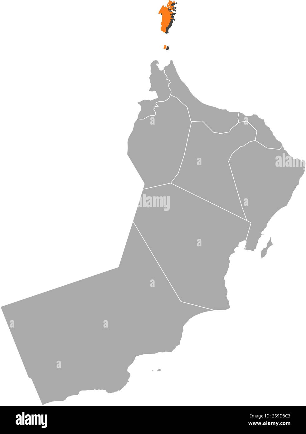 Map of Oman with the provinces, Musandam is highlighted by orange Stock ...