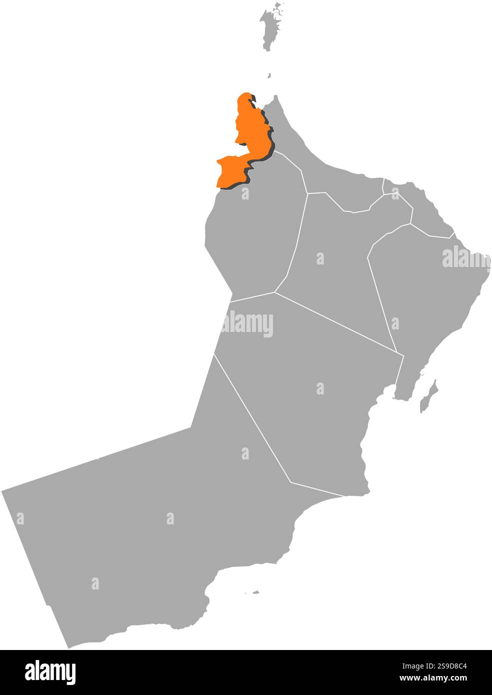 Map of Oman with the provinces, Al Buraimi is highlighted by orange ...