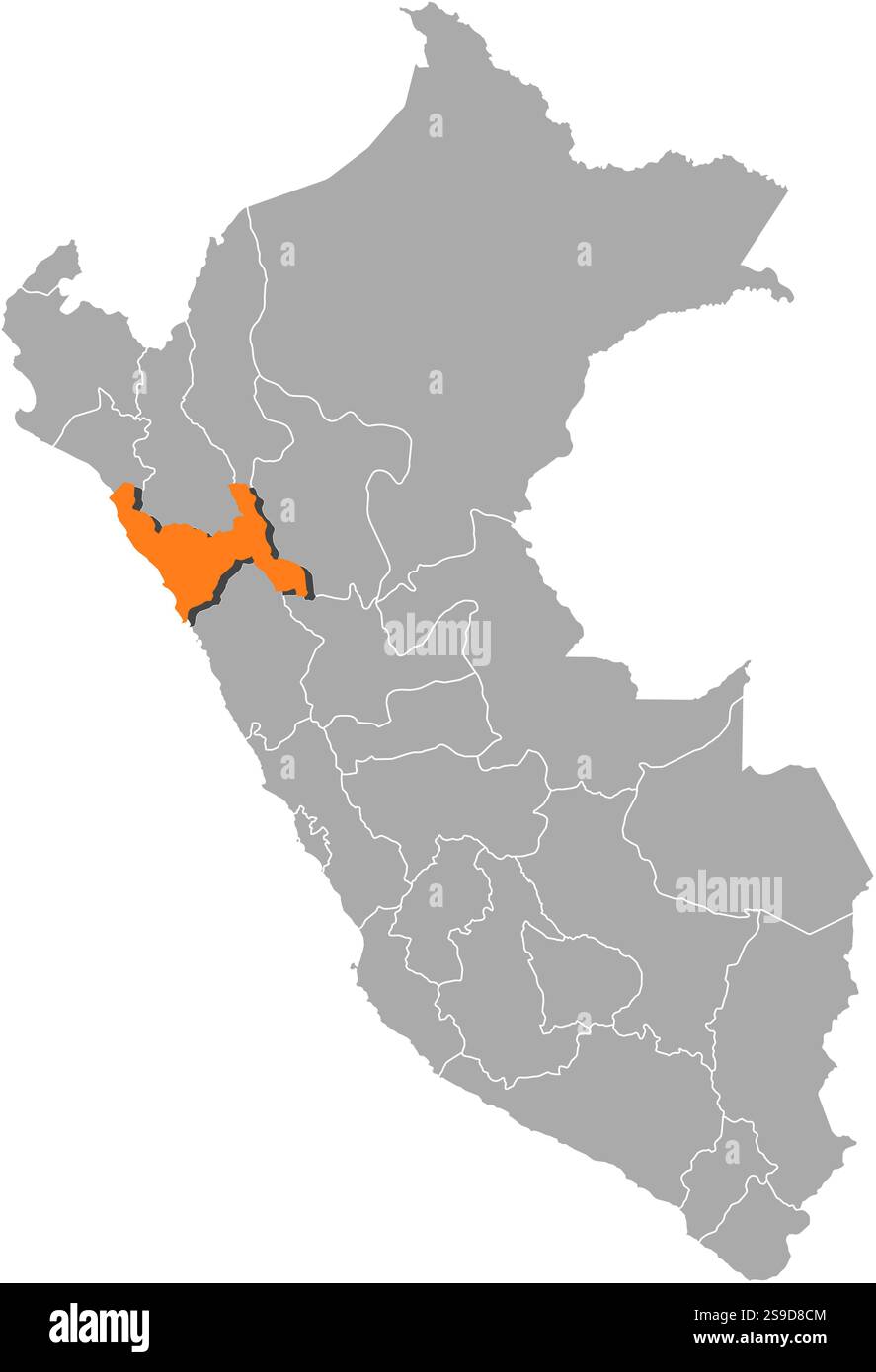 Map of Peru with the provinces, La Libertad is highlighted by orange ...