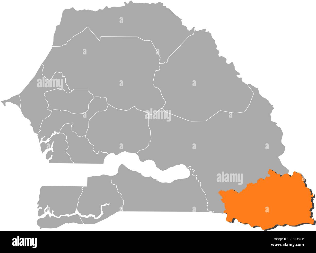 Map of Senegal with the provinces, Kedougou is highlighted by orange ...