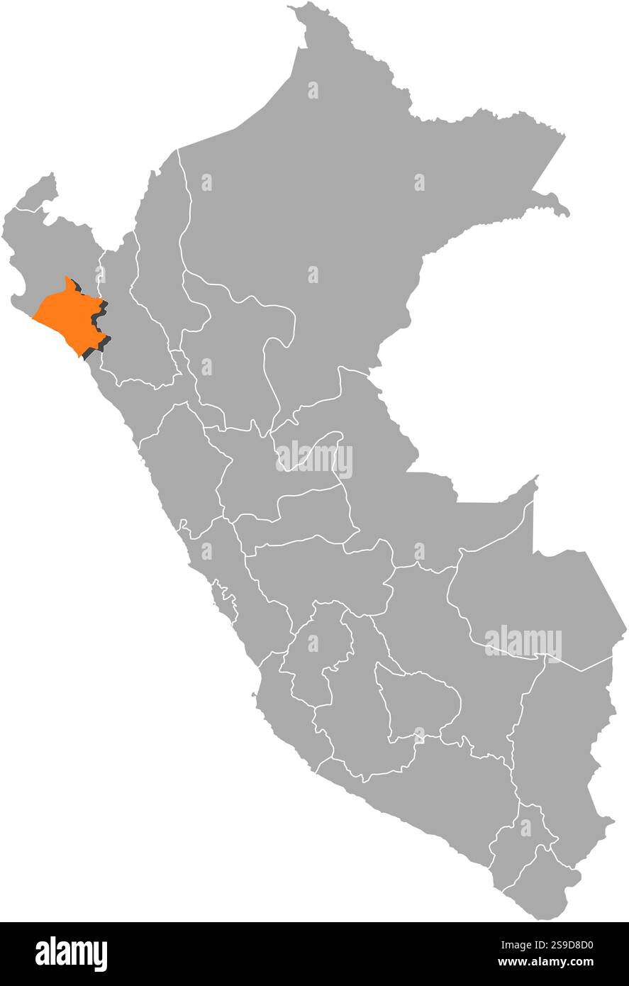 Map of Peru with the provinces, Lambayeque is highlighted by orange ...
