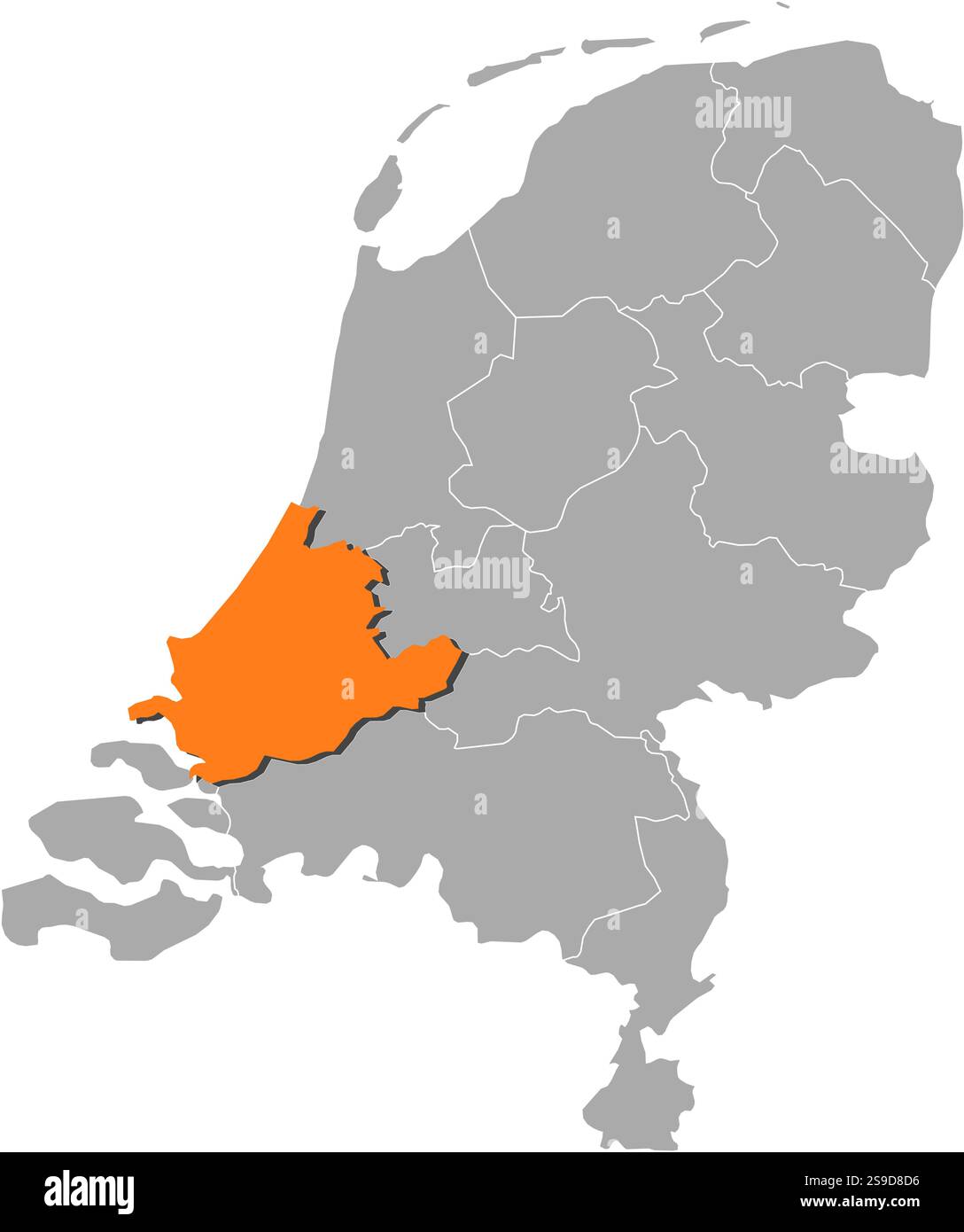 Map of Netherlands with the provinces, South Holland is highlighted by ...