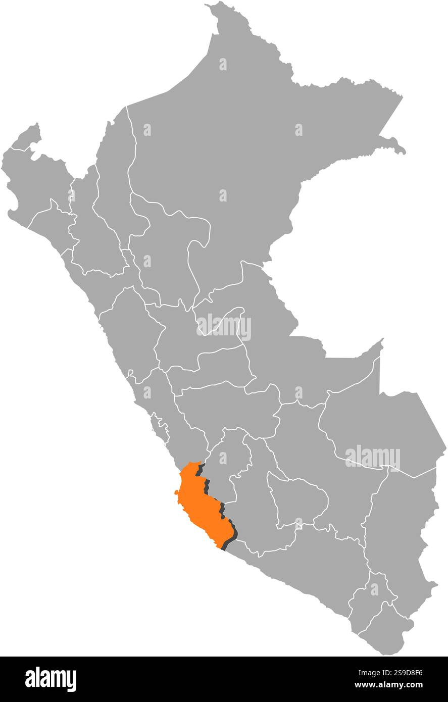 Map of Peru with the provinces, Ica is highlighted by orange Stock ...