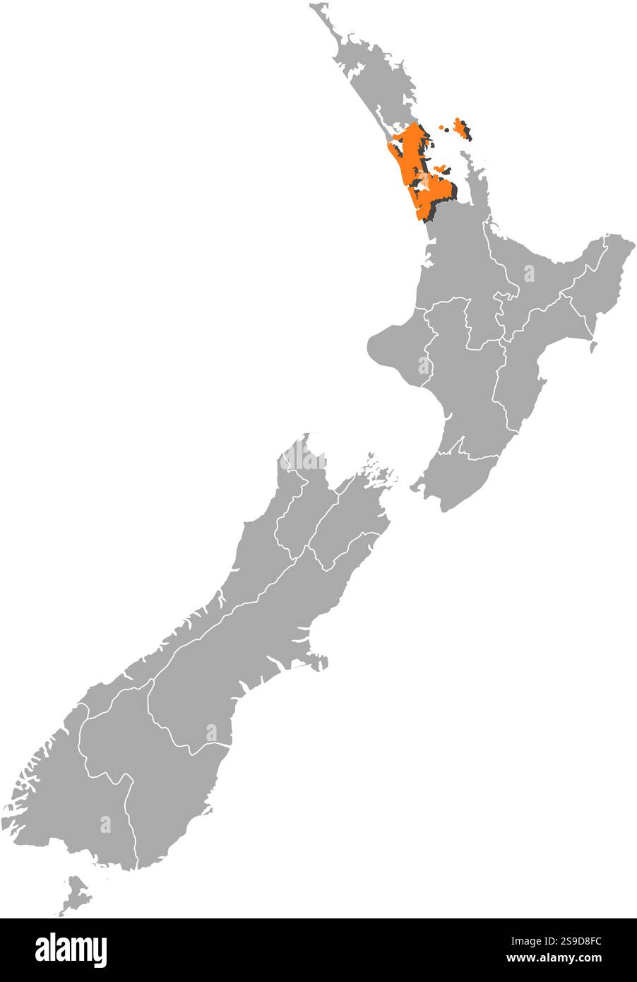 Map of New Zealand with the provinces, Auckland is highlighted by ...