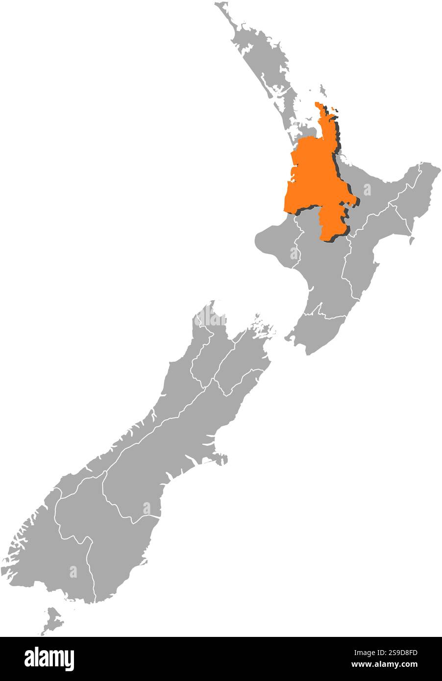 Map of New Zealand with the provinces, Waikato is highlighted by orange ...