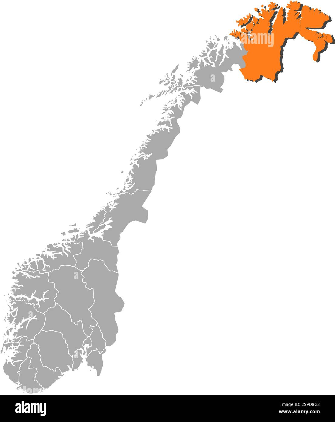 Map of Norway with the provinces, Finnmark is highlighted by orange ...