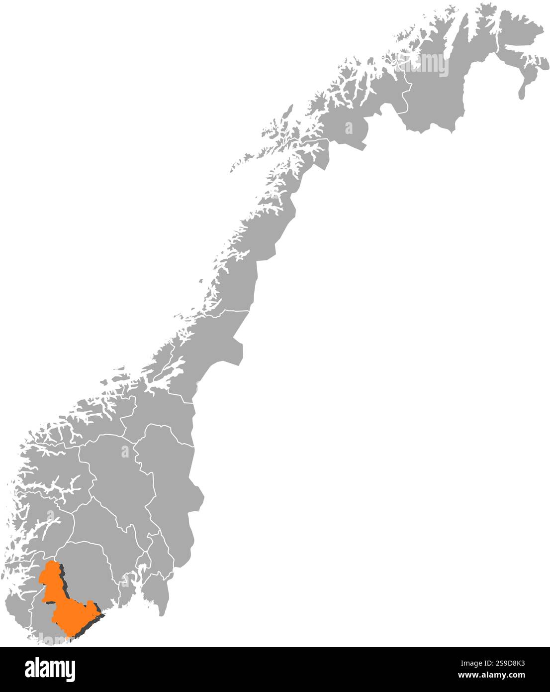 Map of Norway with the provinces, Aust-Agder is highlighted by orange ...