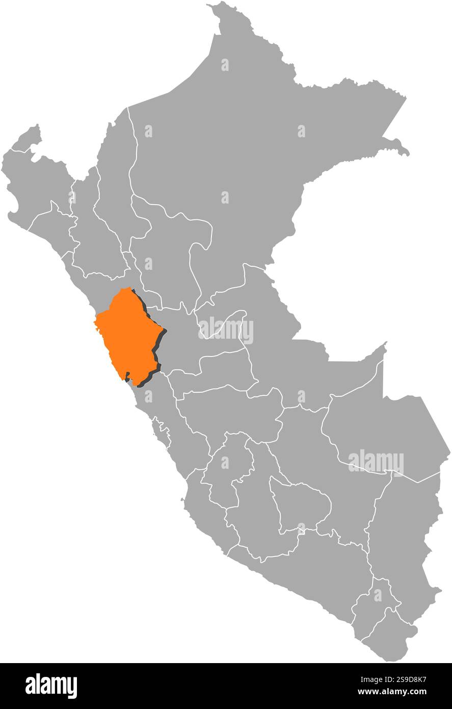 Map of Peru with the provinces, Ancash is highlighted by orange Stock ...