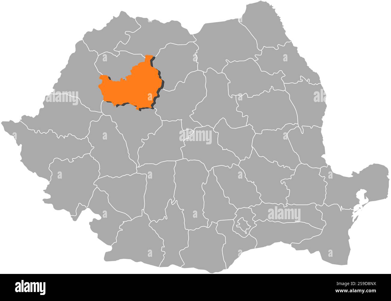 Map of Romania with the provinces, Cluj is highlighted by orange Stock ...