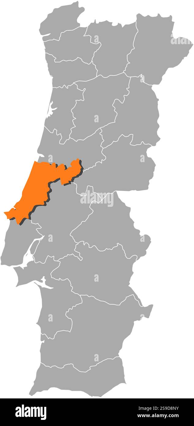 Map of Portugal with the provinces, Leiria is highlighted by orange ...