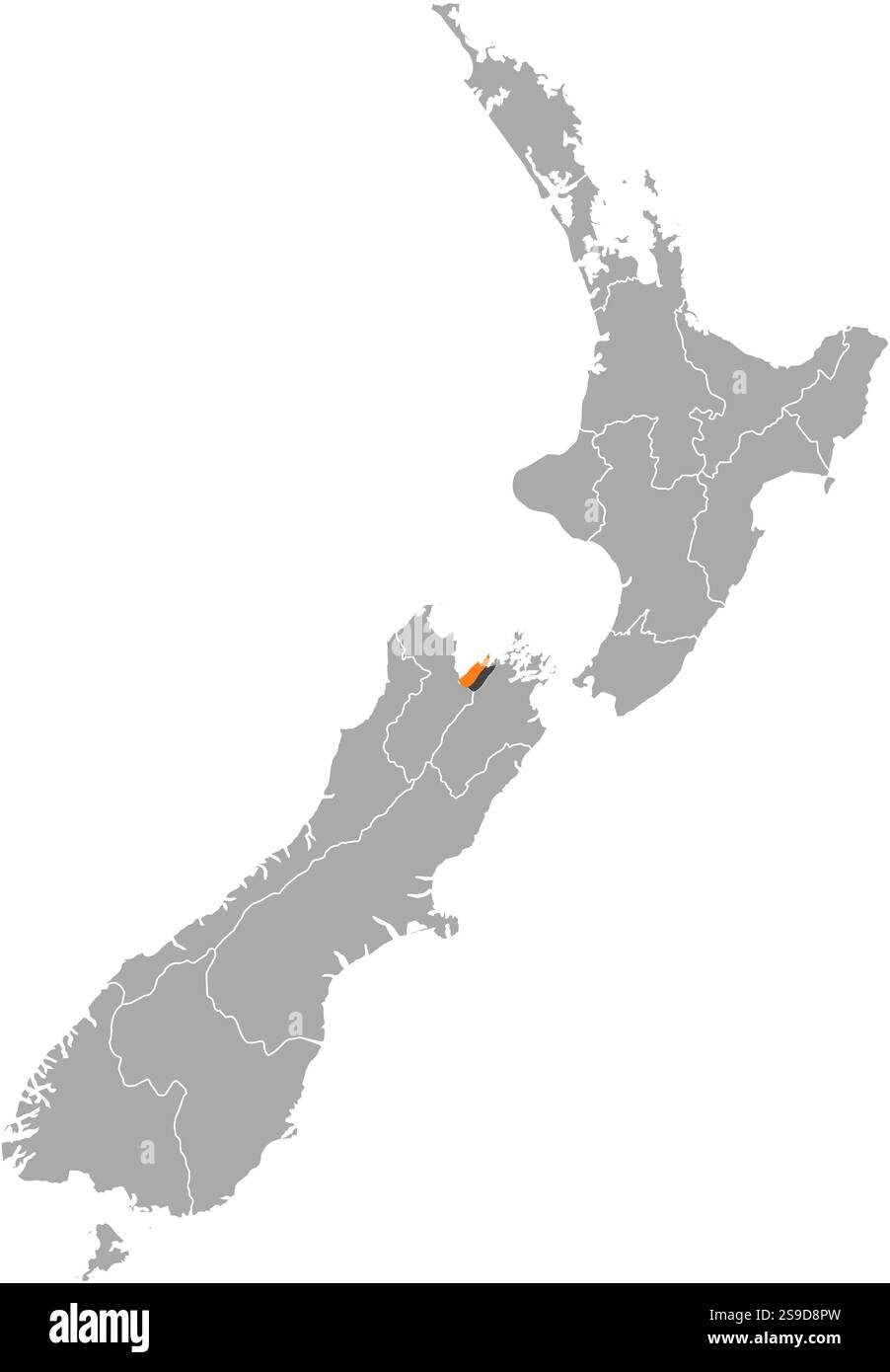 Map of New Zealand with the provinces, Nelson is highlighted by orange ...