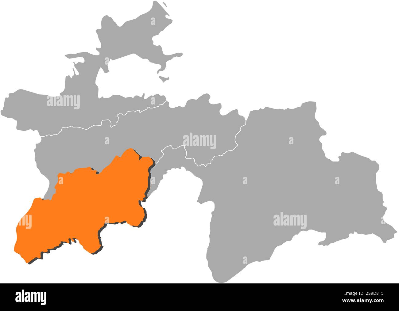 Map of Tajikistan with the provinces, Khatlon is highlighted by orange ...