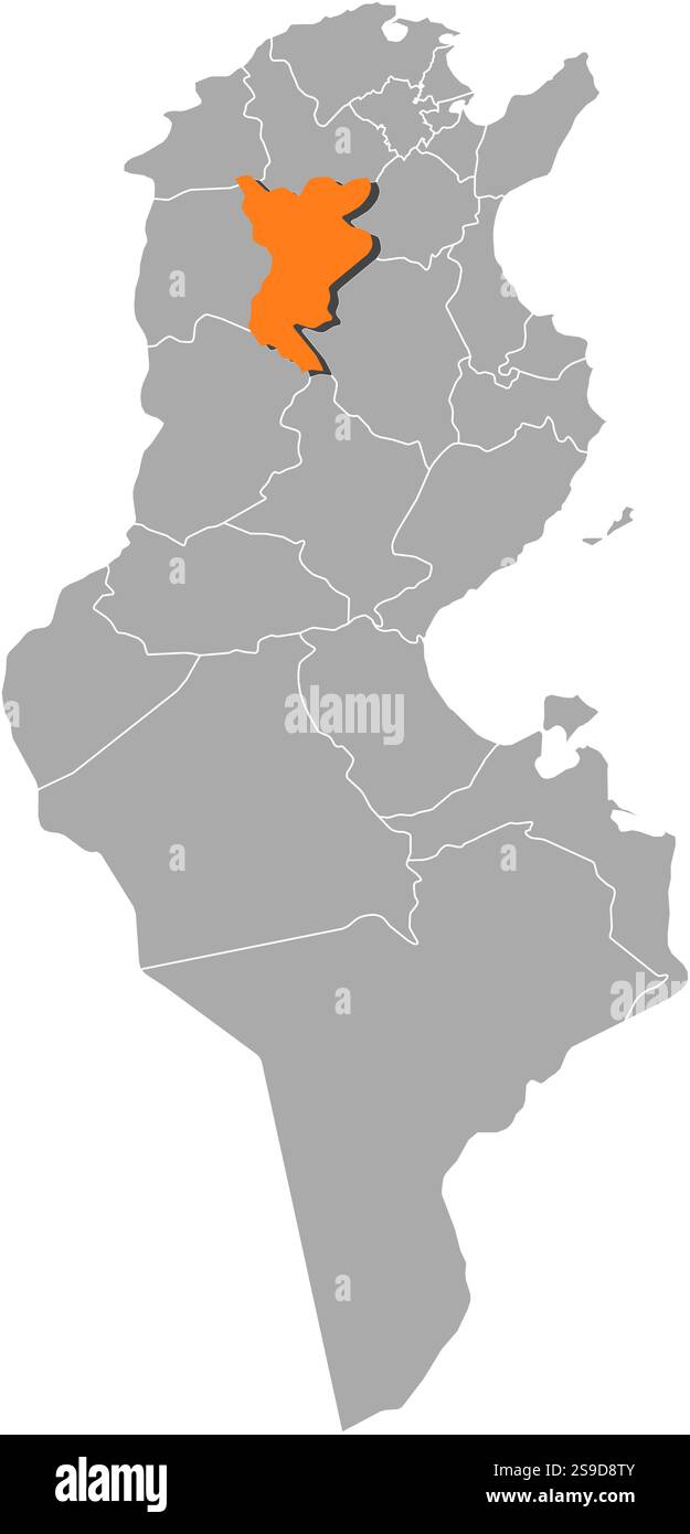 Map of Tunisia with the provinces, Siliana is highlighted by orange ...