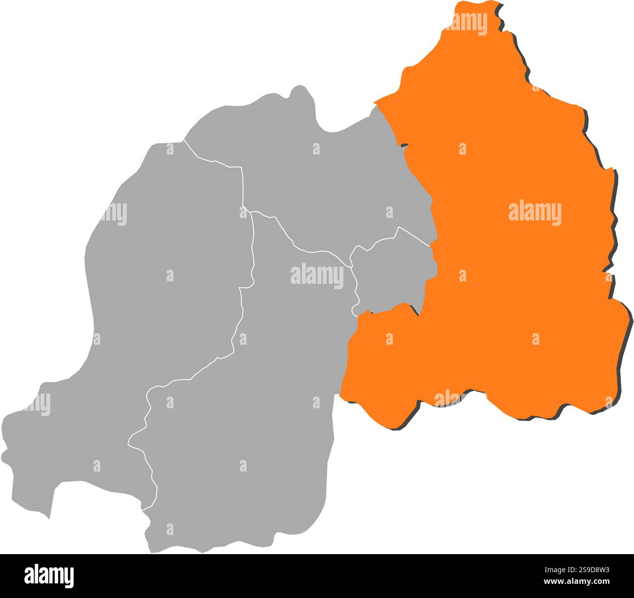 Map of Rwanda with the provinces, East is highlighted by orange Stock ...