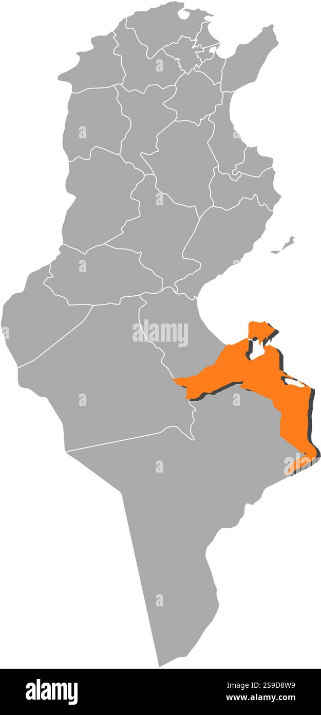Map of Tunisia with the provinces, Medenine is highlighted by orange ...