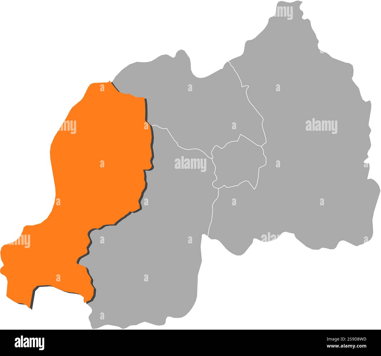 Map of Rwanda with the provinces, West is highlighted by orange Stock ...