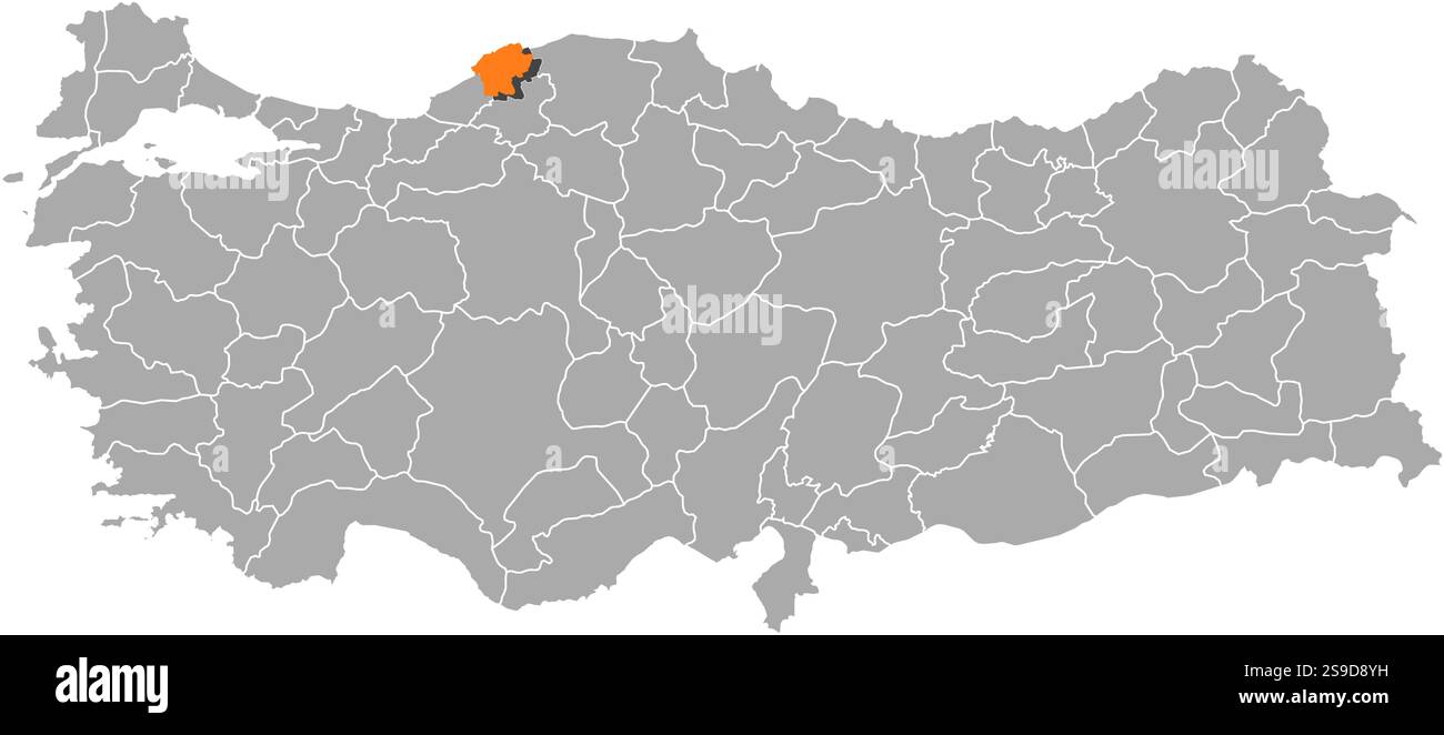 Map of Turkey with the provinces, Bartin is highlighted by orange Stock ...