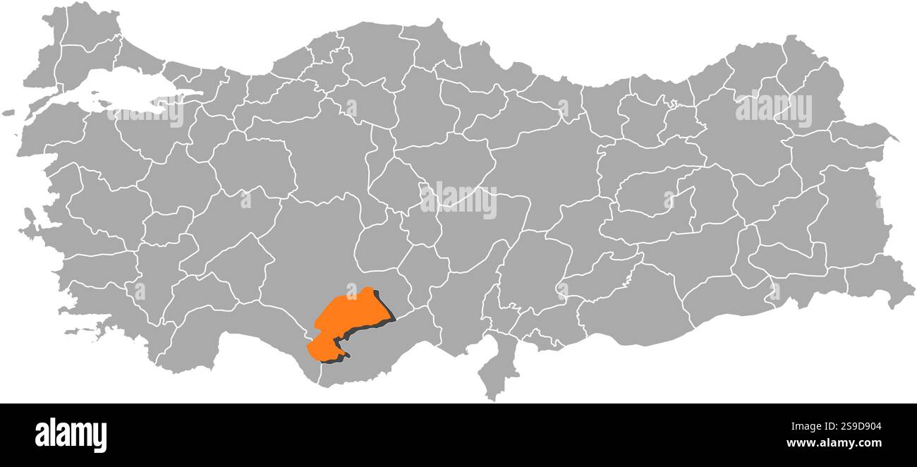 Map of Turkey with the provinces, Karaman is highlighted by orange ...
