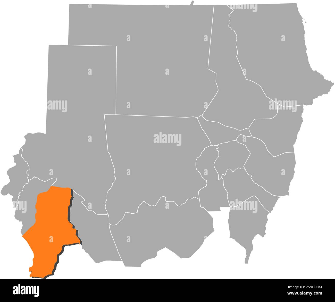 Map of Sudan with the provinces, South Darfur is highlighted by orange ...