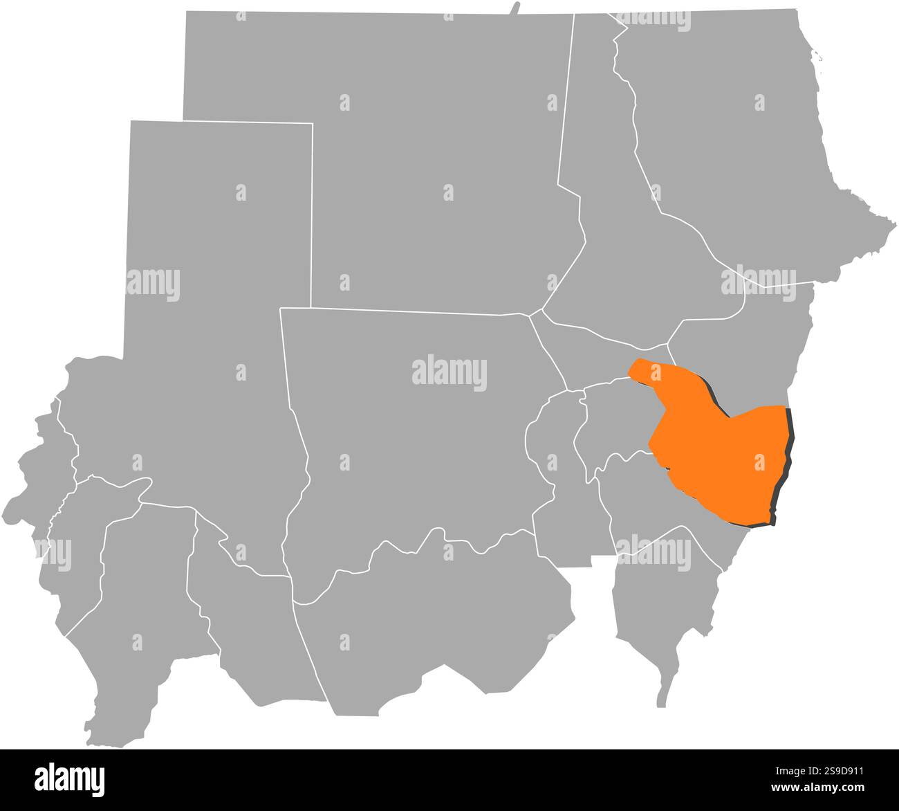 Map of Sudan with the provinces, Al Qadarif is highlighted by orange ...