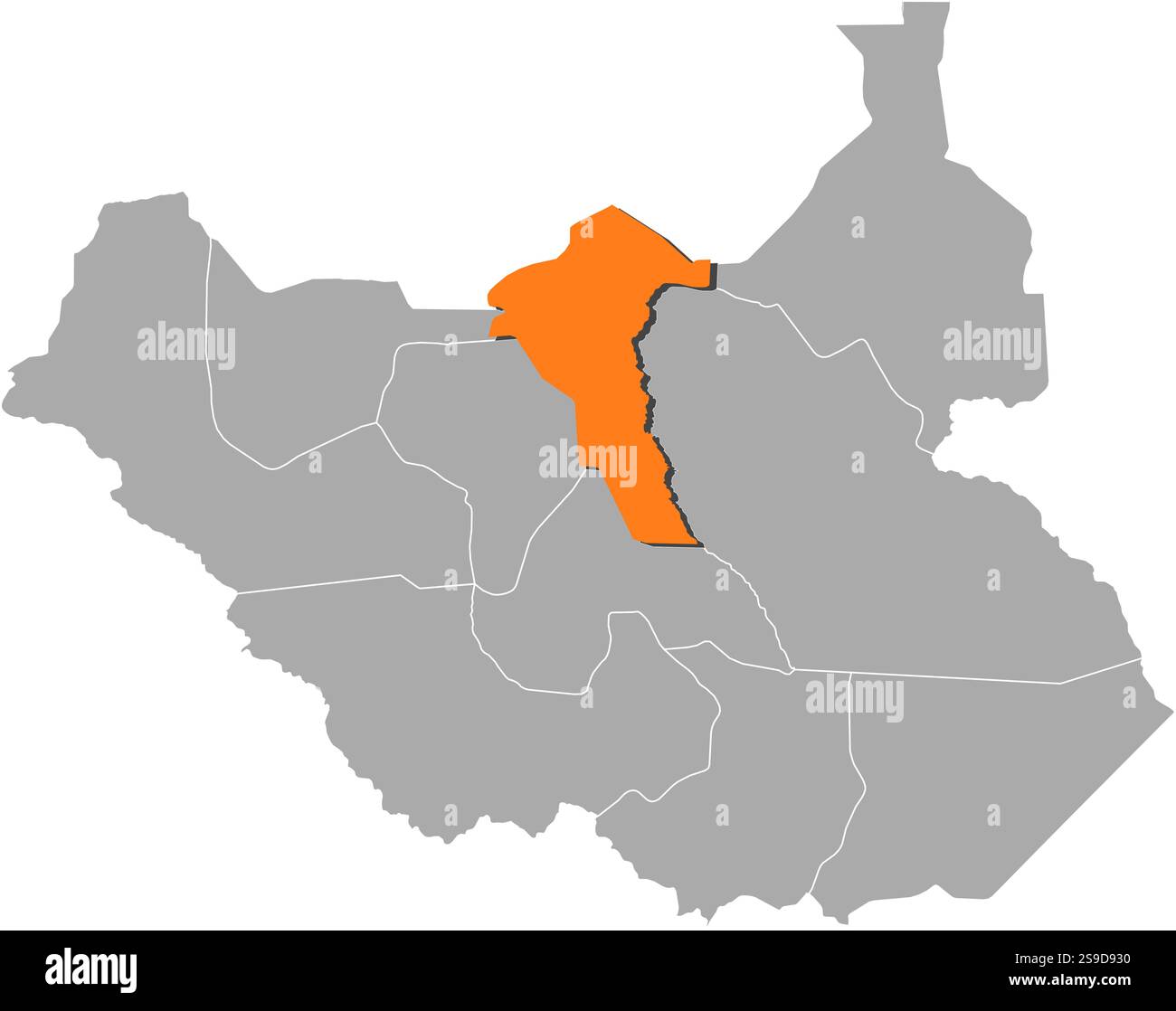 Map of South Sudan with the provinces, Unity is highlighted by orange ...