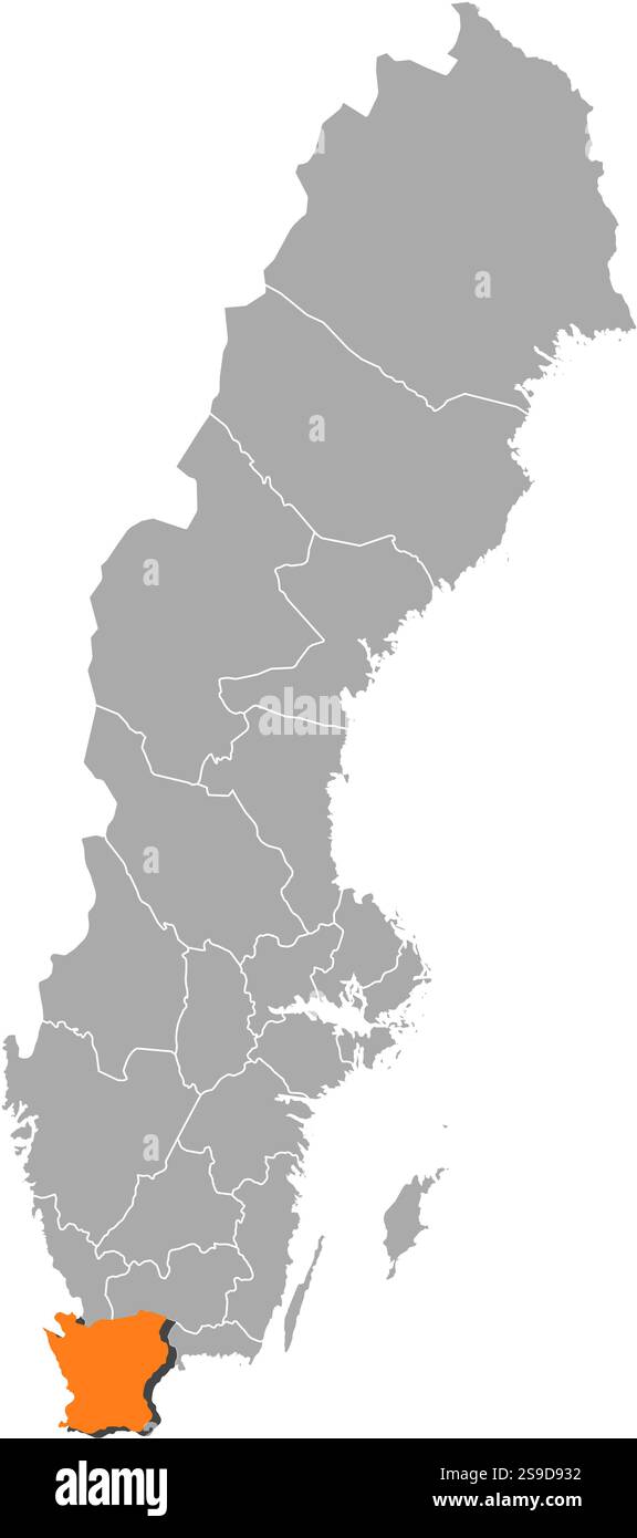 Map of Sweden with the provinces, Skane County is highlighted by orange ...