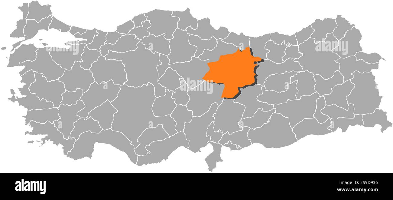 Map of Turkey with the provinces, Sivas is highlighted by orange Stock ...