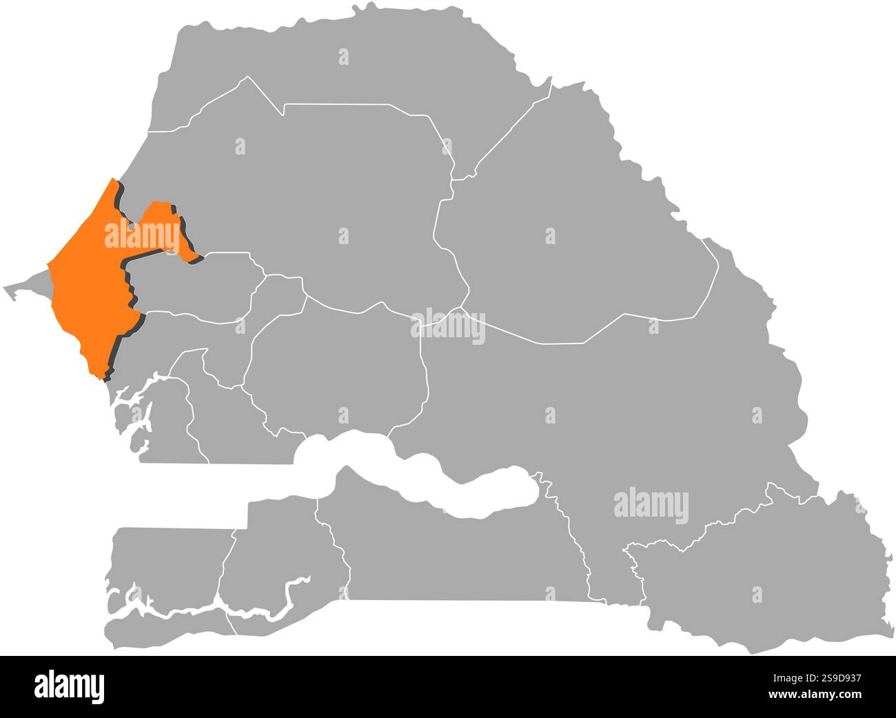Map of Senegal with the provinces, Thies is highlighted by orange Stock ...