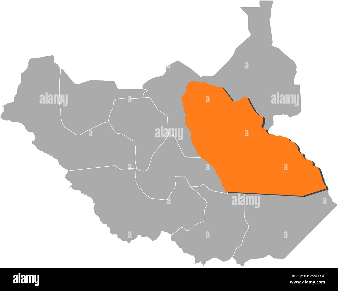 Map of South Sudan with the provinces, Jonglei is highlighted by orange ...