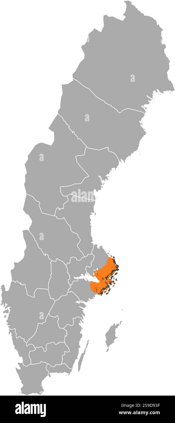 Map of Sweden with the provinces, Stockholm County is highlighted by ...