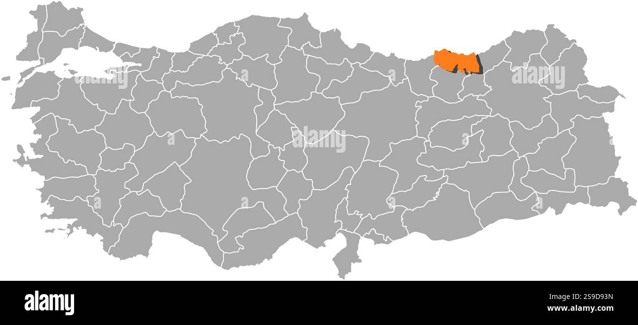 Map of Turkey with the provinces, Trabzon is highlighted by orange ...