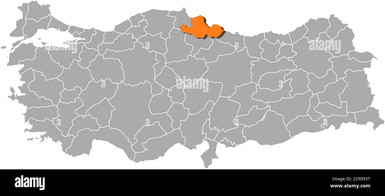 Map of Turkey with the provinces, Samsun is highlighted by orange Stock ...