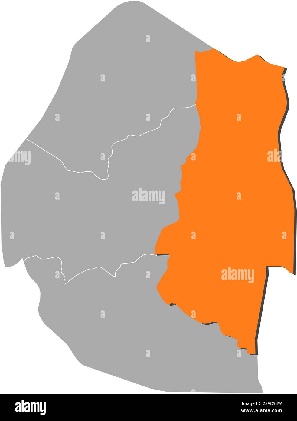Map of Swaziland with the provinces, Lubombo is highlighted by orange ...