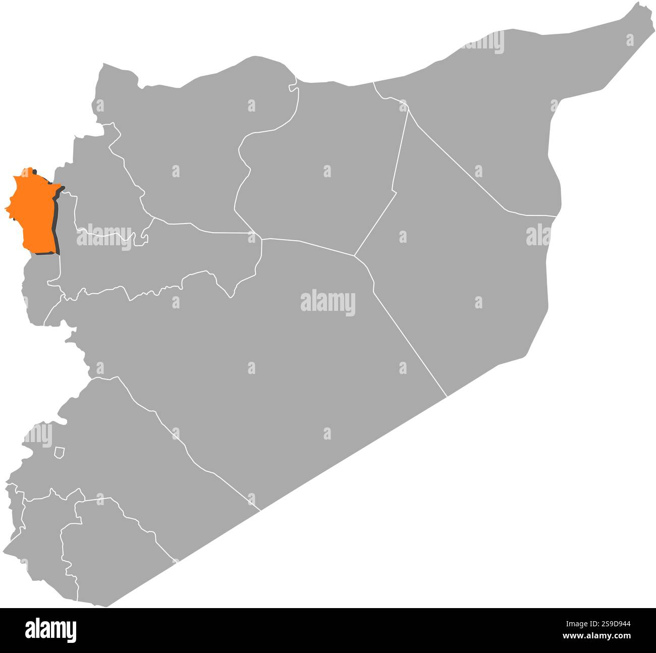 Map of Syria with the provinces, Latakia is highlighted by orange Stock ...